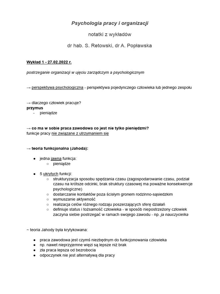 Psychologia Pracy I Organizacji - Lato 2021 - 22 | PDF