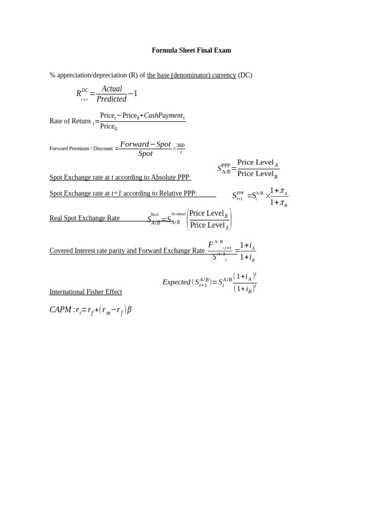 Exhibit W Formula Sheet Final Exam | PDF