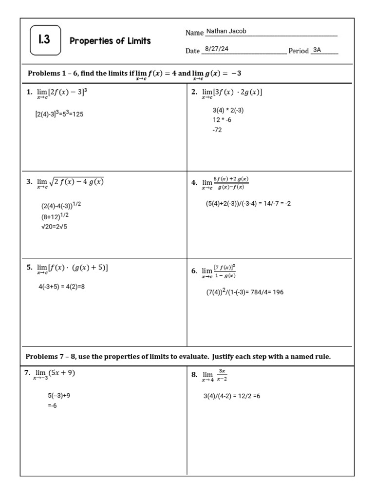 Kami Export - Practice 1.3-Properties of Limits | PDF