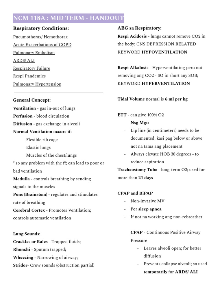 Mid Term CCN Notes (Respi - Cardio) | PDF