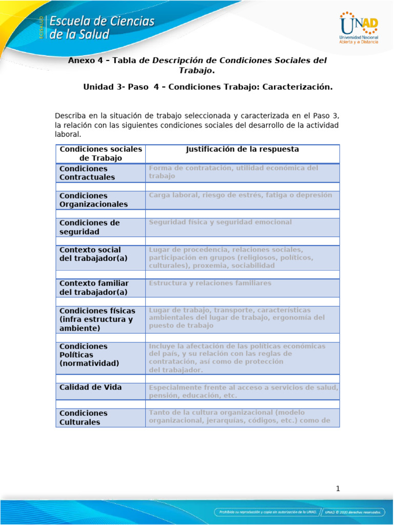 Anexo 4 - Tabla de Descripción de Condiciones Sociales Del Trabajo | PDF