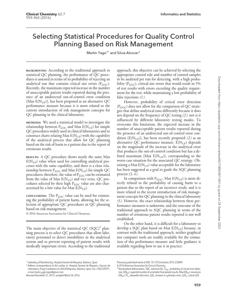 Selecting Statistical Procedures For Quality Control Risk | PDF