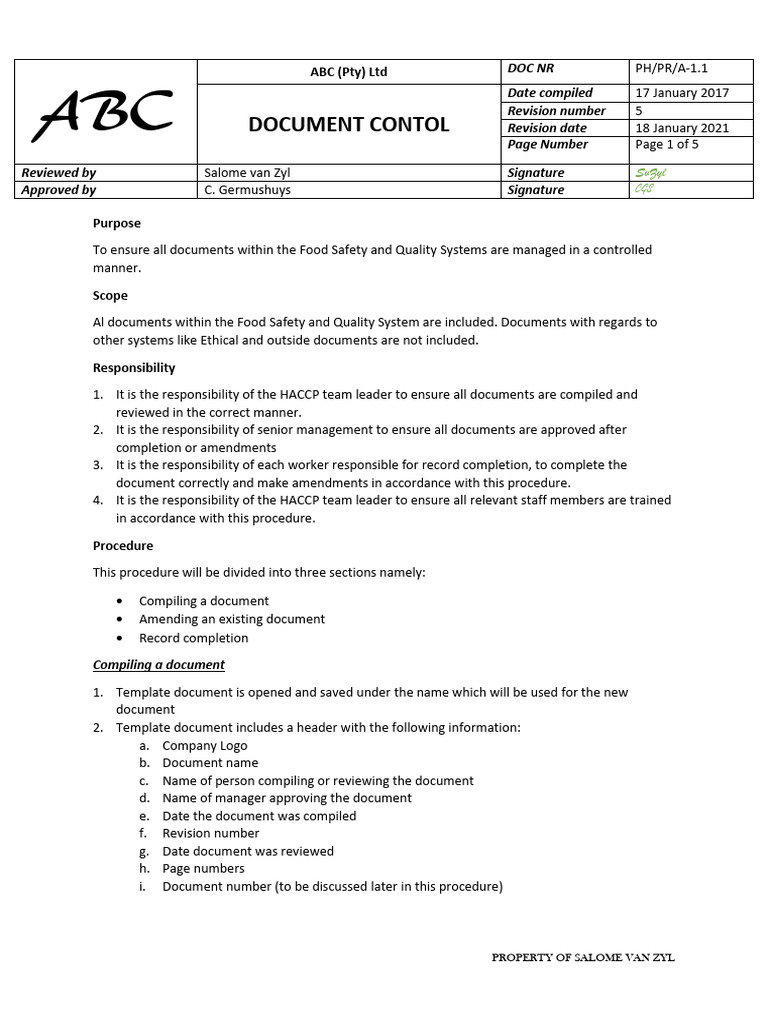 PR - A-1.1 - Document Control | PDF