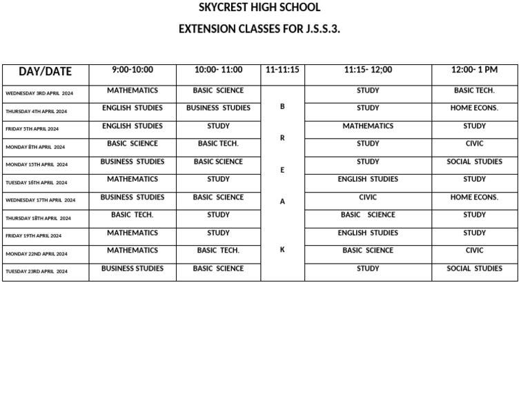 J.S.S.3 Extension Class Timetable | PDF