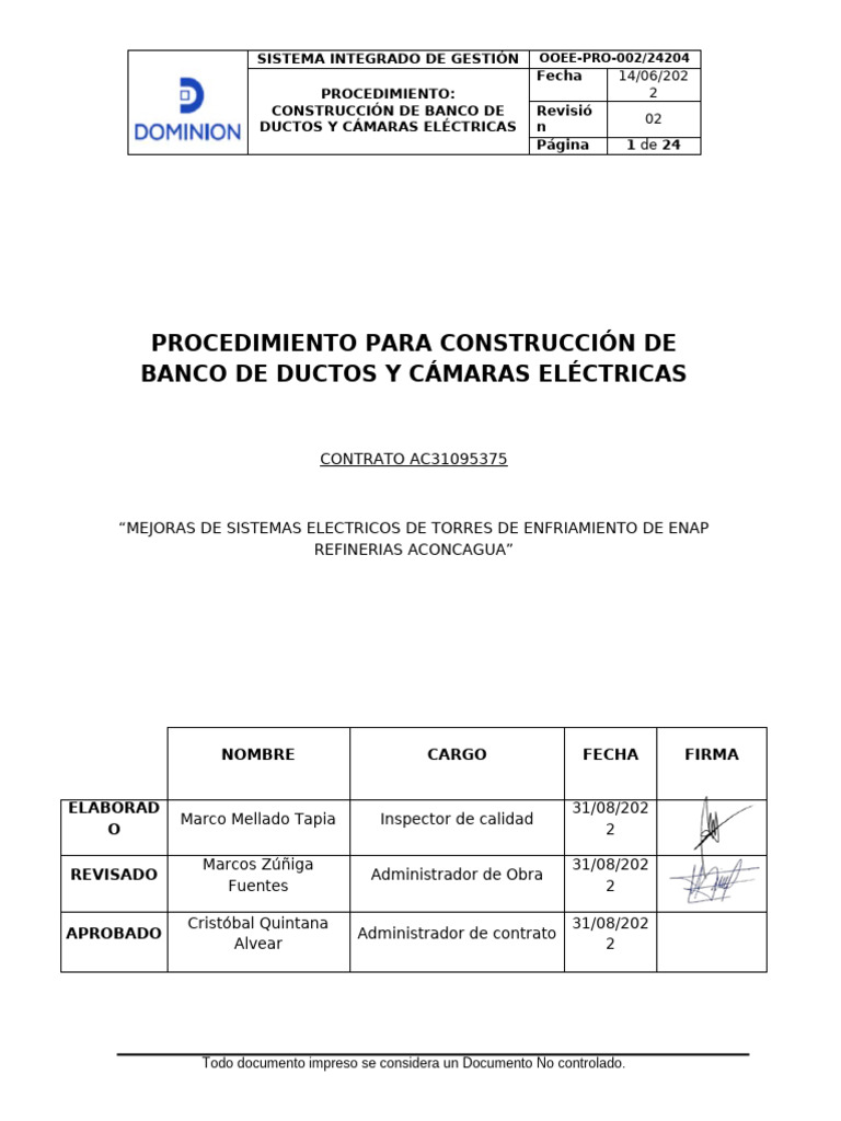OOEE-PRO-002 Construcción de Banco de Ductos y Cámaras Eléctricas R2 | PDF