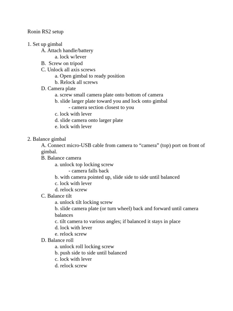 Ronin RS2 Quick Start Guide John Cantine Production Track | PDF