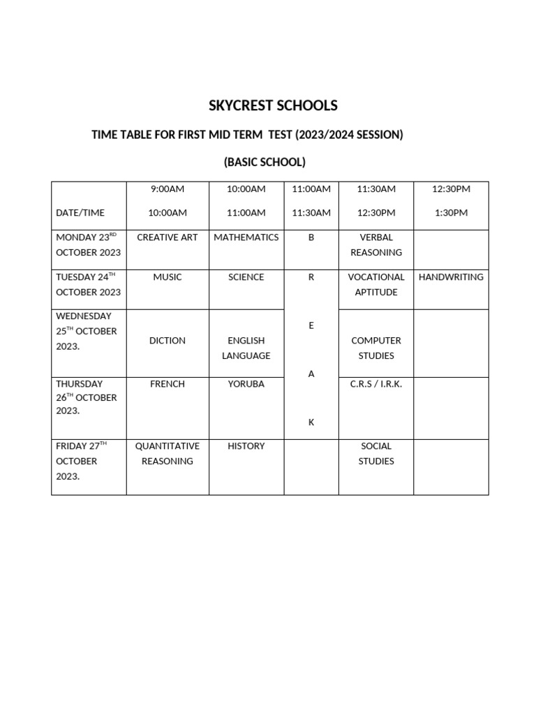 Basic School Midterm Time Table (October 2023) | PDF