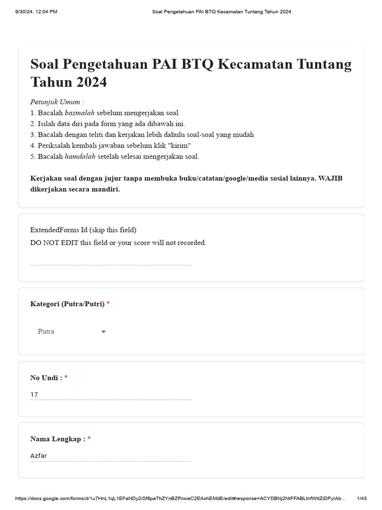 Soal Pengetahuan PAI BTQ Kecamatan Tuntang - Google Forms (PUTRA) | PDF