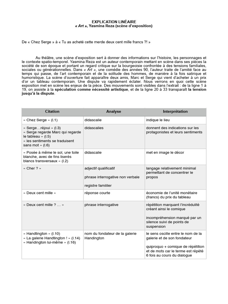 "Art" Explication Linéaire Tableau | PDF