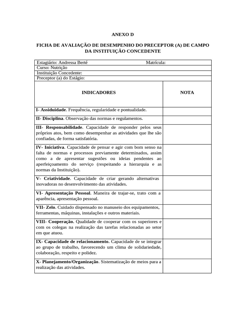 Ficha de Avaliação de Desempenho - Anexo D | PDF