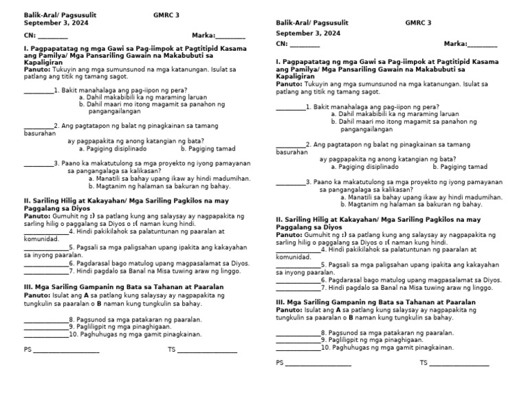 Grade 3 Review Quiz | PDF