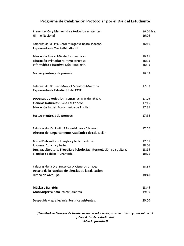 Programa de Celebración Protocolar Por El Día Del Estudiante | PDF