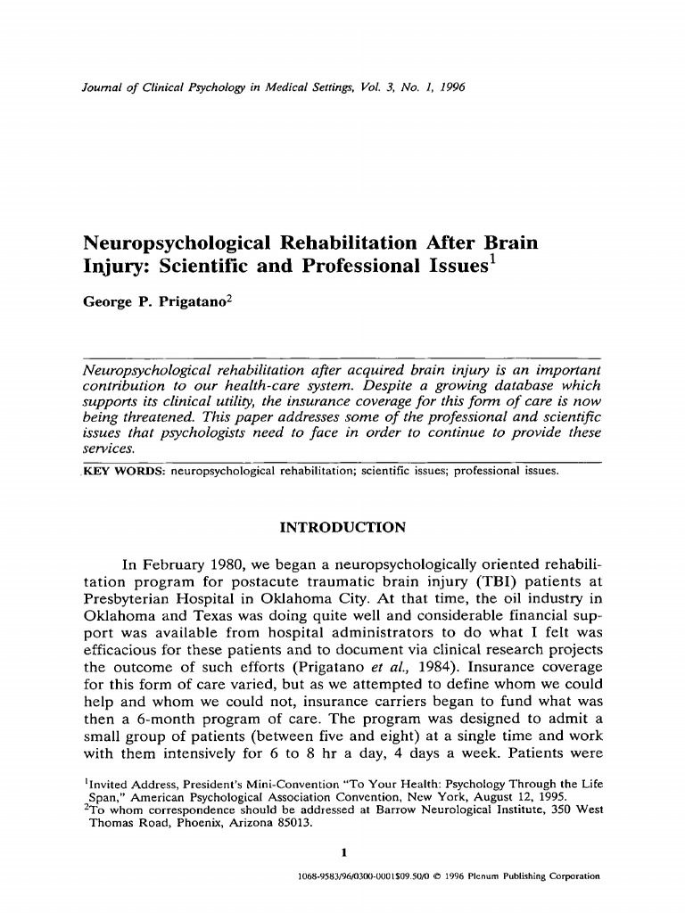 Neuropsychological Rehabilitation After Brain - Prigatano | PDF