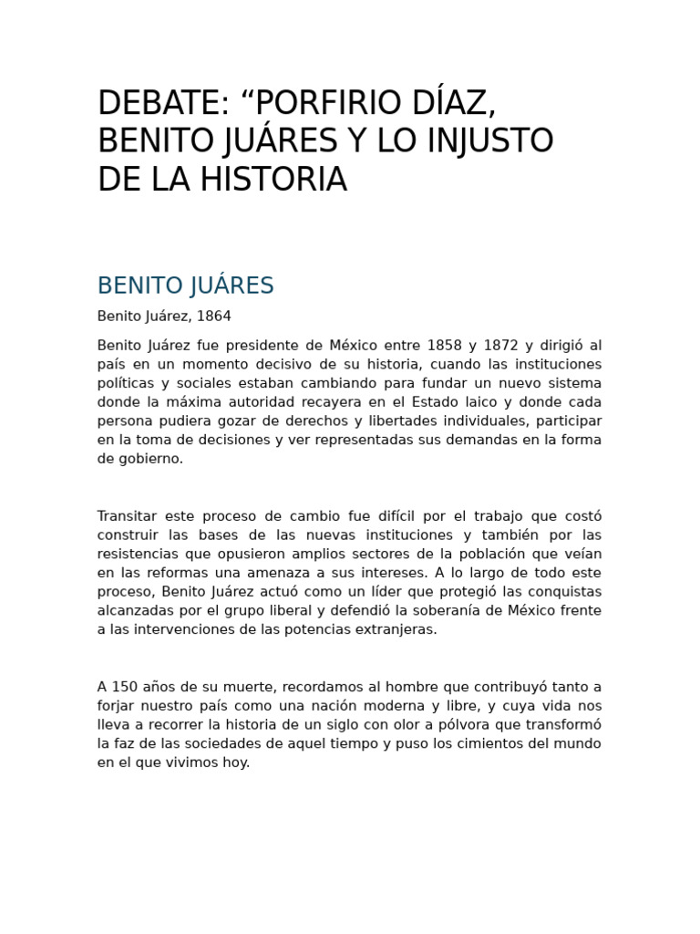 Debate: "Porfirio Díaz, Benito Juáres Y Lo Injusto de La Historia | PDF