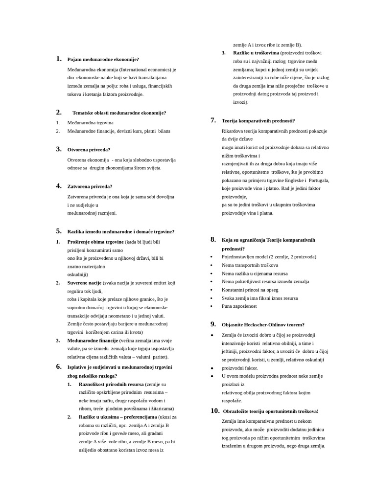 Međunarodna Ekonomija Pitanja Za Kolokvij | PDF