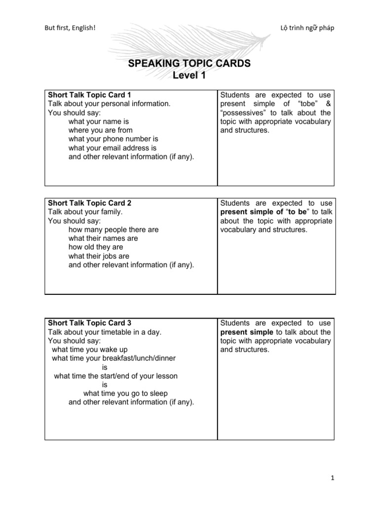 Speaking Topics - Lv1 - L Trình NG Pháp | PDF