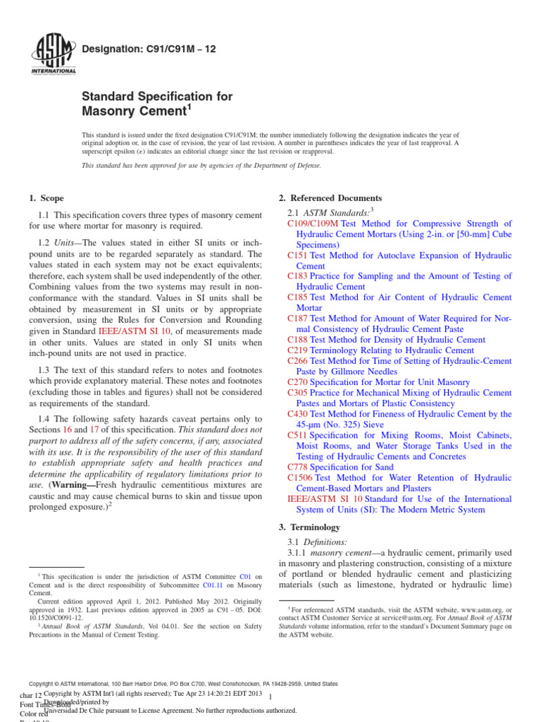 Astm c91 c91m 12 Standard Specification For Masonry Cement - Compress | PDF