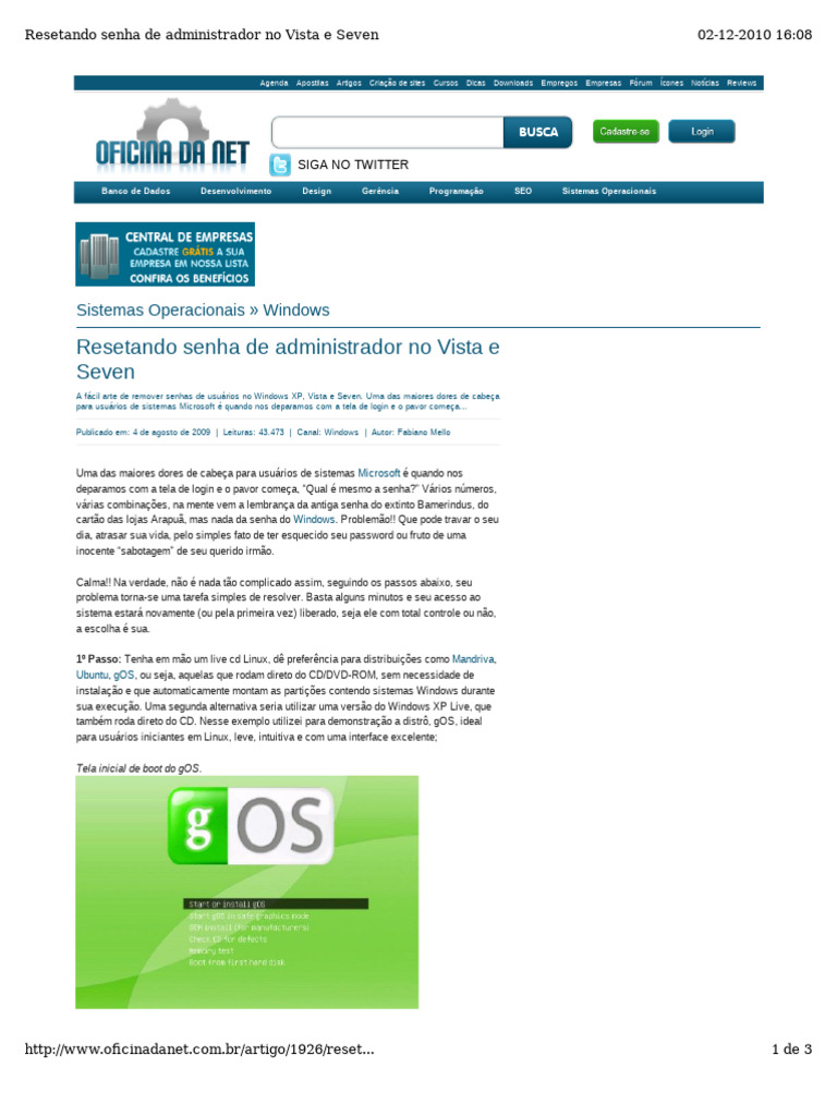 Sistemas Operacionais Windows Resetando Senha de Administrador No Vista e Seven | PDF