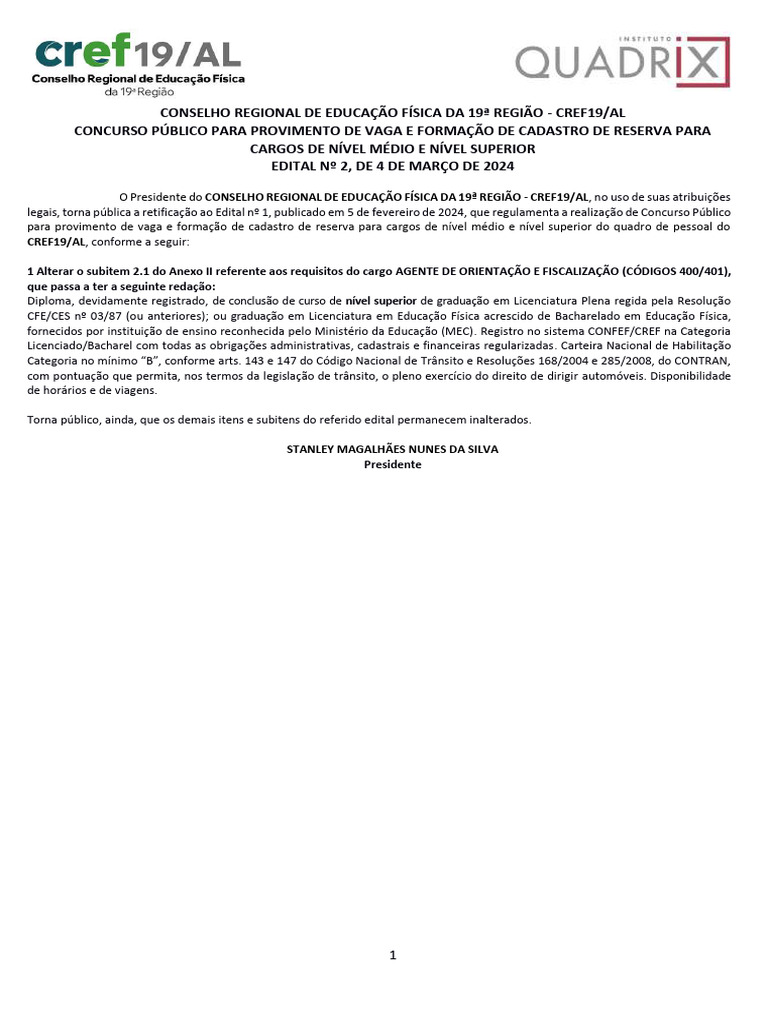 CREF-19-AL Concurso Publico 2024 Edital 2 Retificacao | PDF