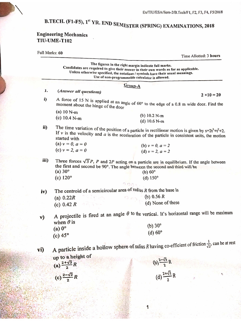Engg Mechanics Paper 2018 | PDF