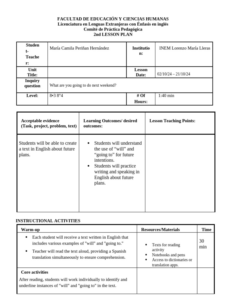 Class Plan 2 | PDF