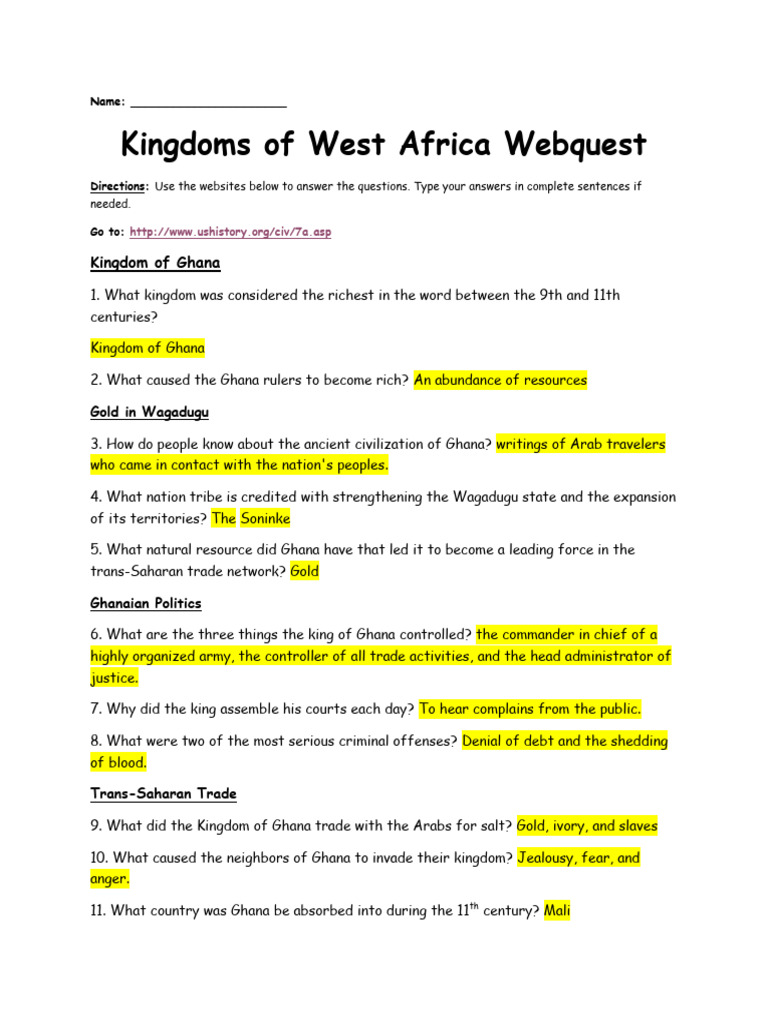 Kingdoms of West Africa Webquest | PDF