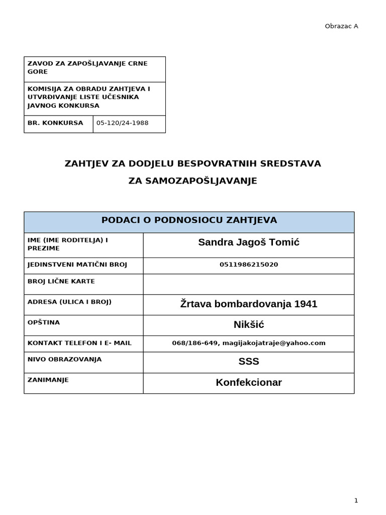 Obrazac A Zahtjev | PDF