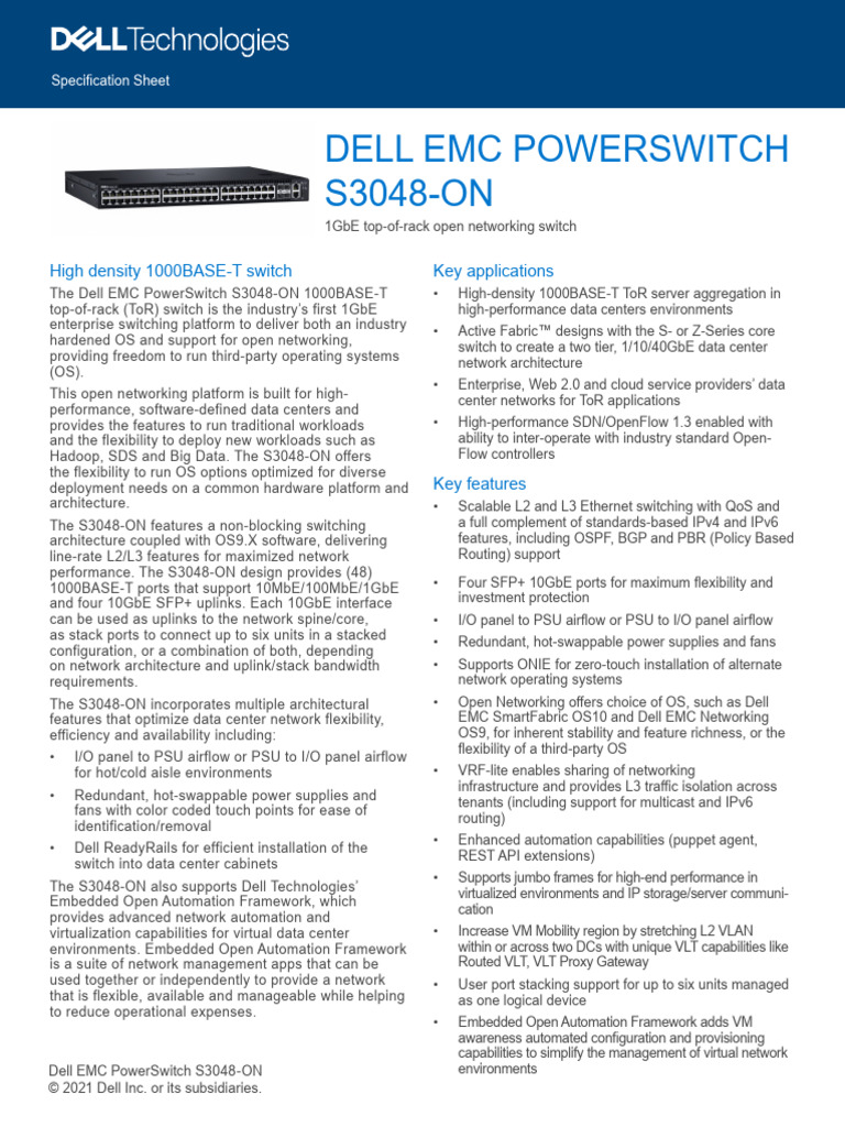 Dell Networking s3048 On Spec Sheet | PDF
