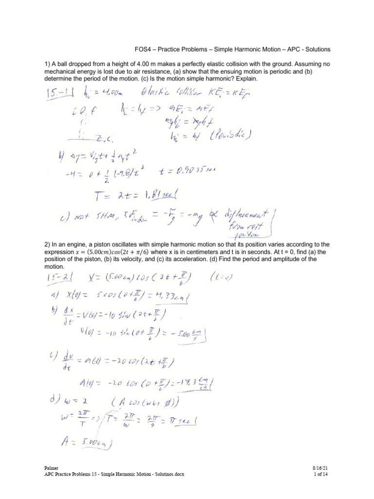Apc Practice Problems 15 - Simple Harmonic Motion - Solutinos | PDF