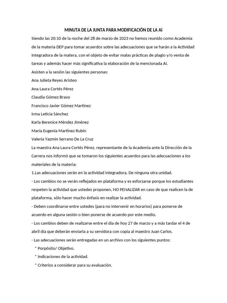 Minuta de La Junta para Modificación de La Ai | PDF