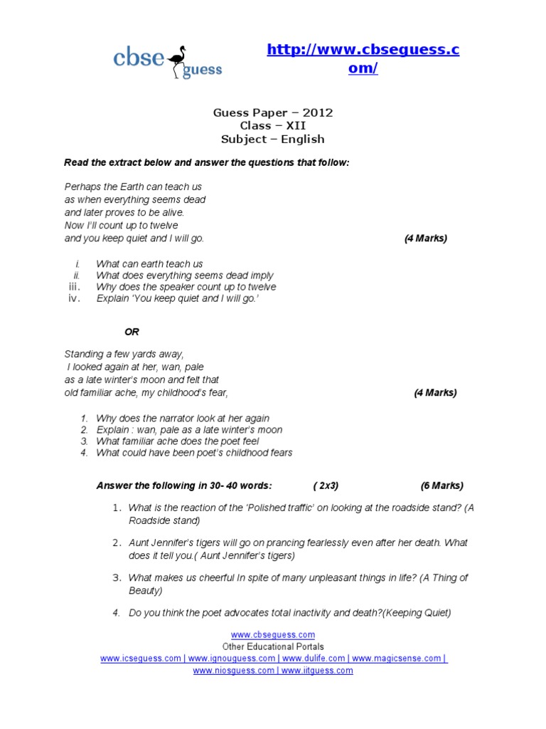Guess Paper - 2012 Class - XII Subject - English: Read The Extract ...