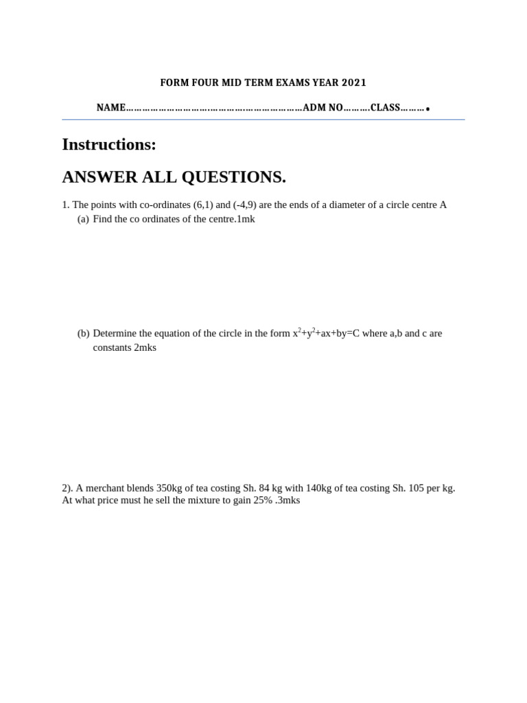 Set1 Maths MidTerm 1 2021 Teacher - Co - .Ke F4 Exam | PDF | Acceleration | Teaching Methods ...