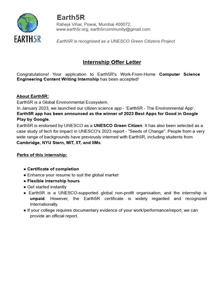 Earth5R Computer Science Engineering Internship Offer Letter | PDF