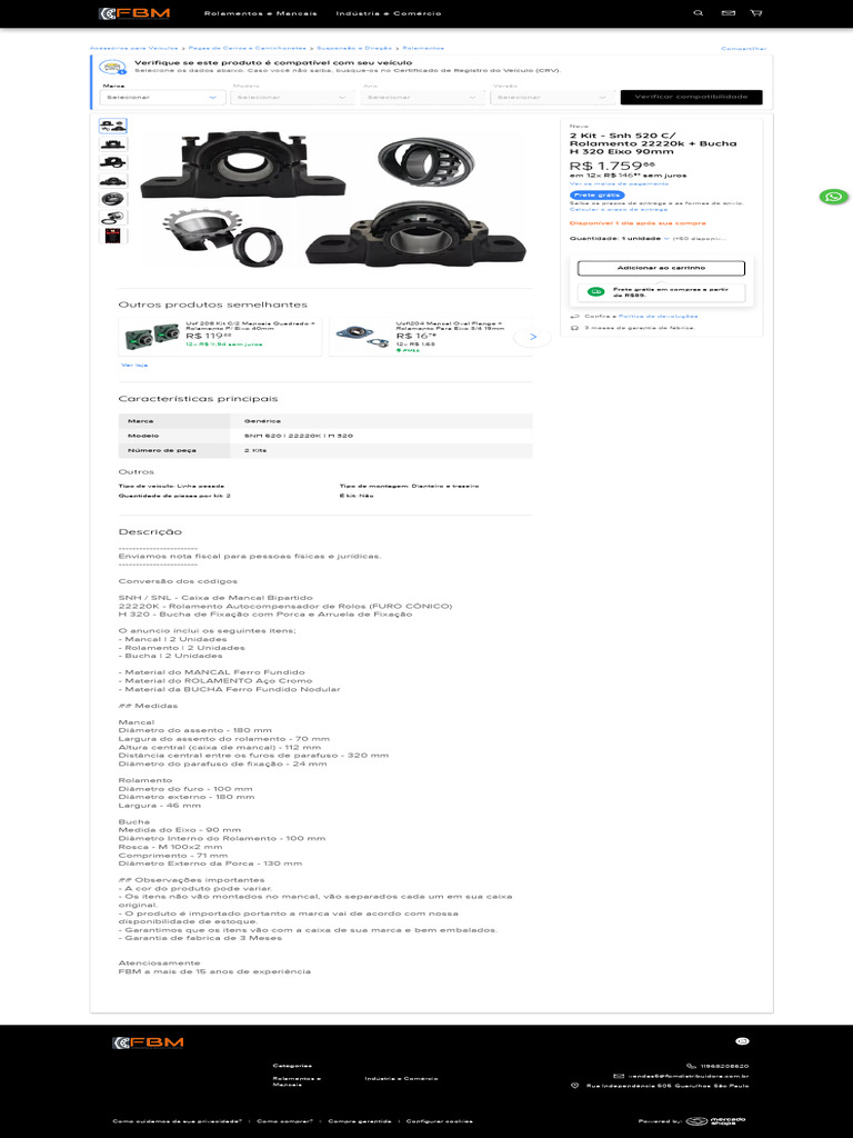 2 Kit - SNH 520 C - Rolamento 22220k + Bucha H 320 Eixo 90mm | PDF