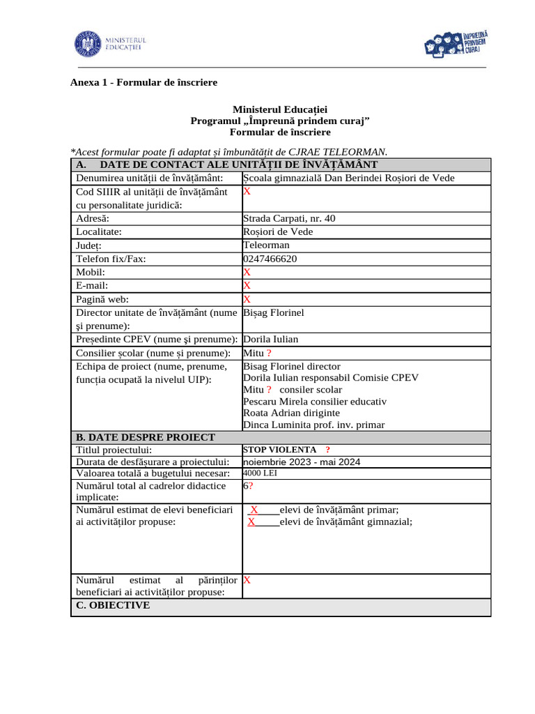 Anexa - 1 - Formular de Inscriere - Impreuna Prindem Curaj - Teleorman ...