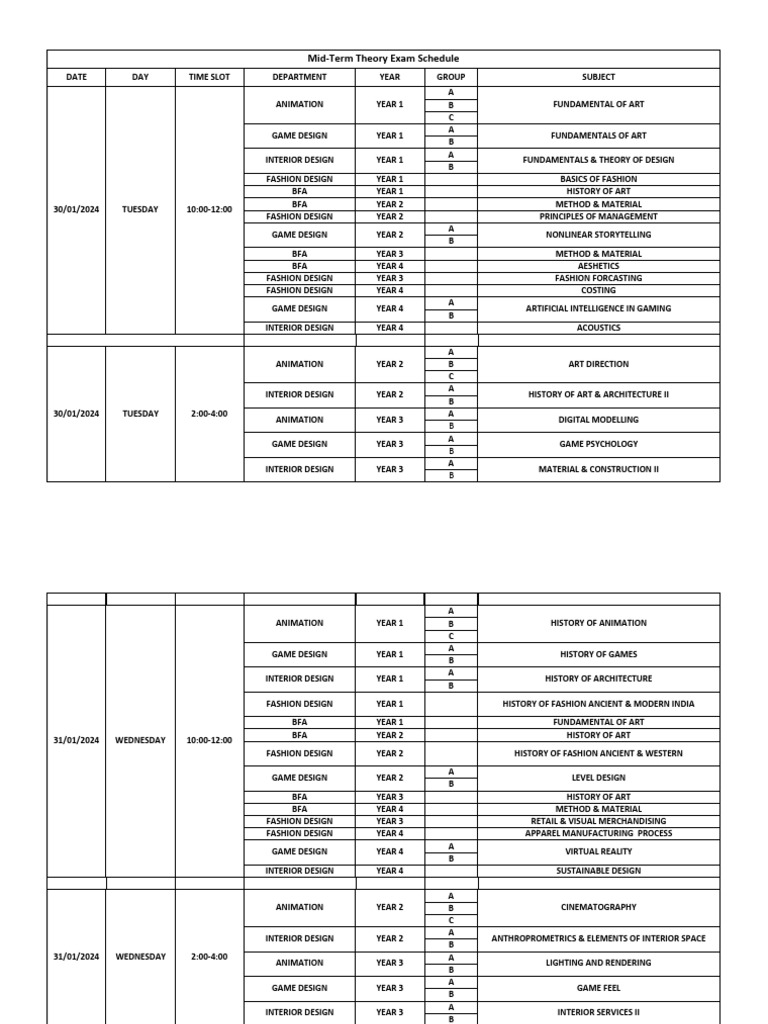 Mid-Term Theory Exam Schedule 2023-24 | PDF