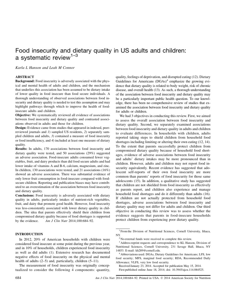 Food Insecurity and Dietary Quality in US Adults and Children: A ...