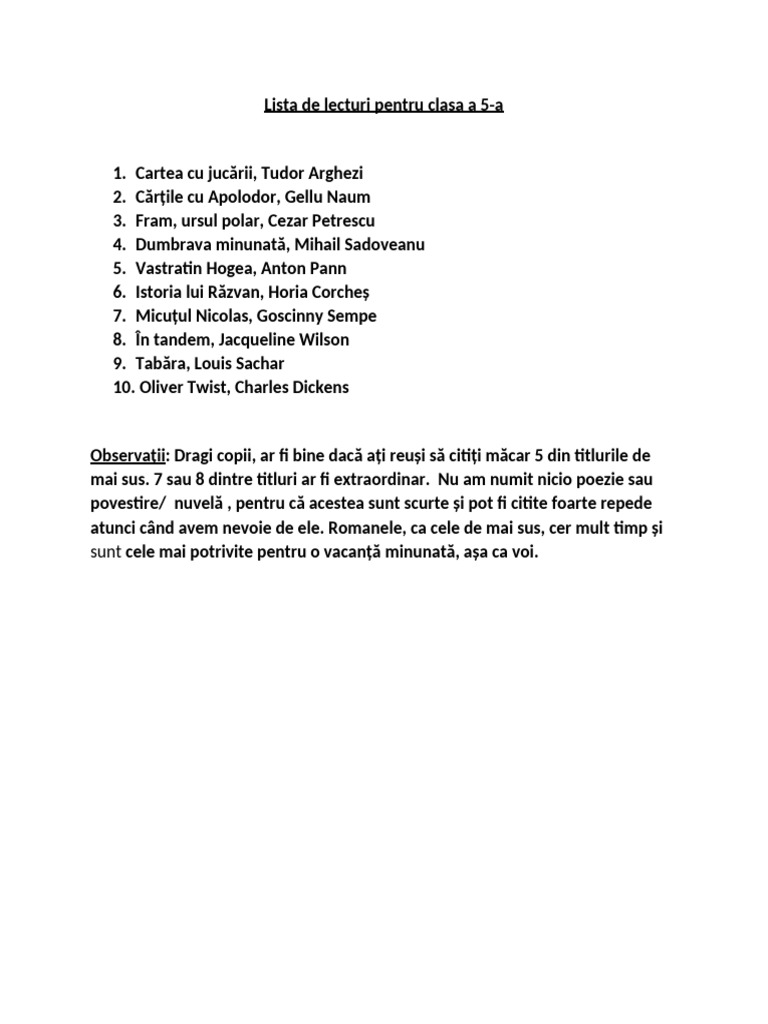 Lista de Lecturi Pentru Clasa A 5-A +fisa de Lectura | PDF