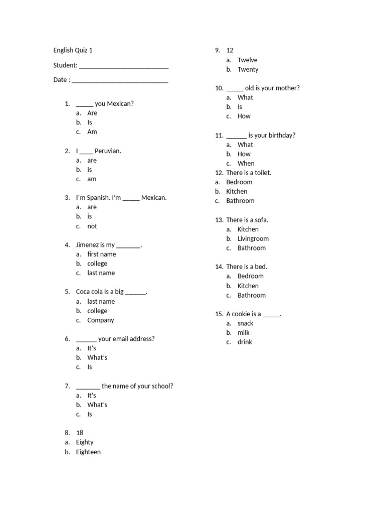 English Quiz 1 | PDF | Language Arts & Discipline