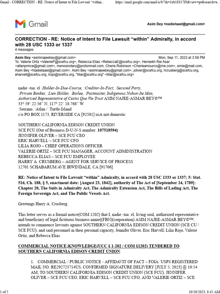 Email Intent To File Lawsuit Againt SCE FCU A/k/a RIZE FEDERAL CREDIT ...