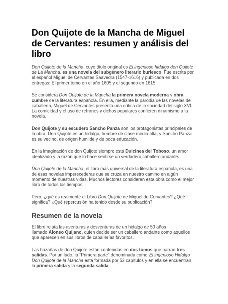Resumen Don Quijote de La Mancha de Miguel de Cervantes | PDF
