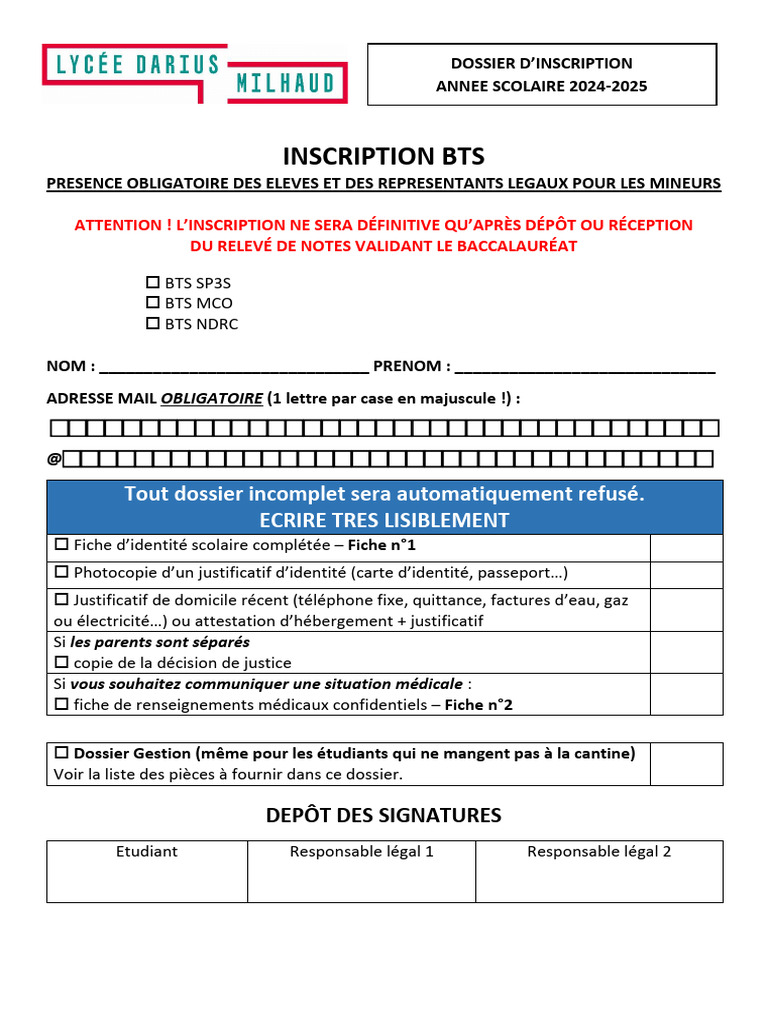LDM - Dossier Inscription BTS | PDF