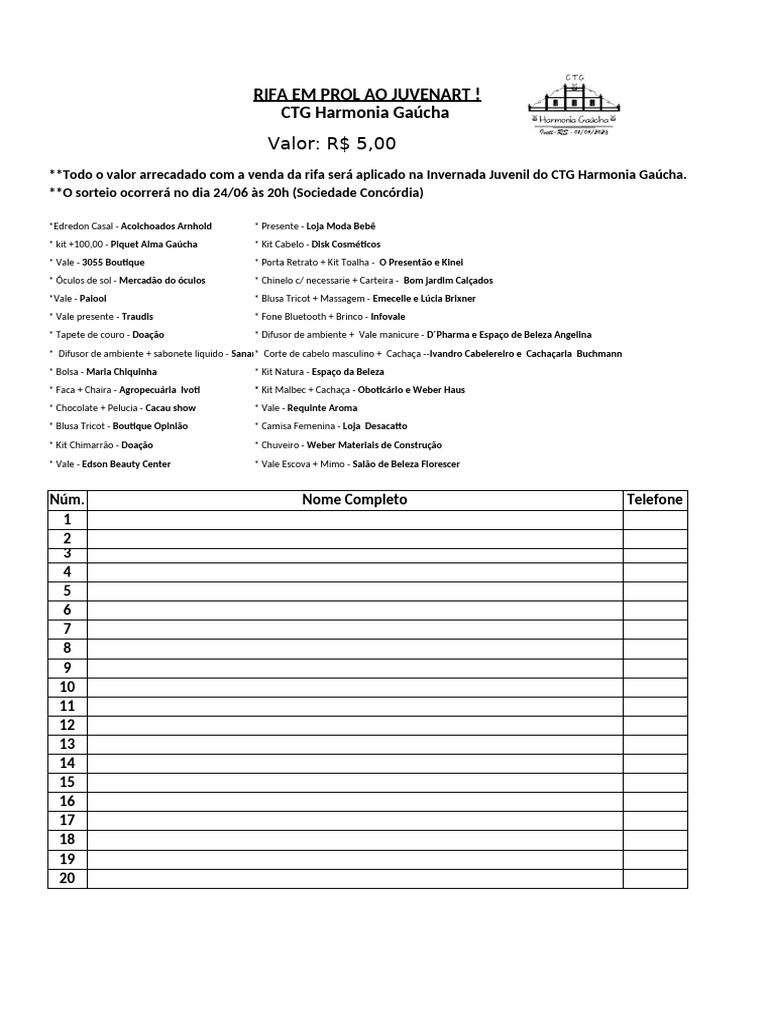 Rifa em Prol A Ida Ao JuvEnart 2024 | PDF