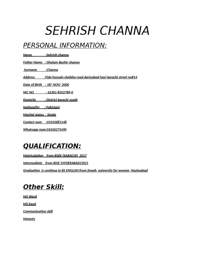 Sehrish Channa CV | PDF