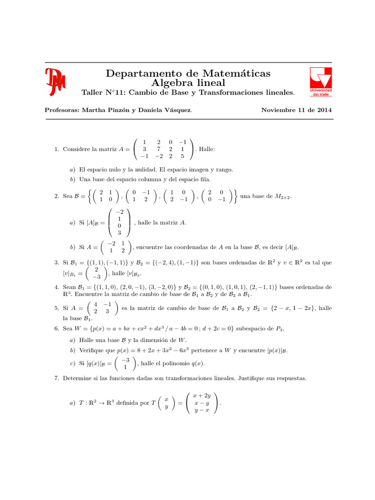 Taller Algebra Lineal (Cambio de Base) | PDF