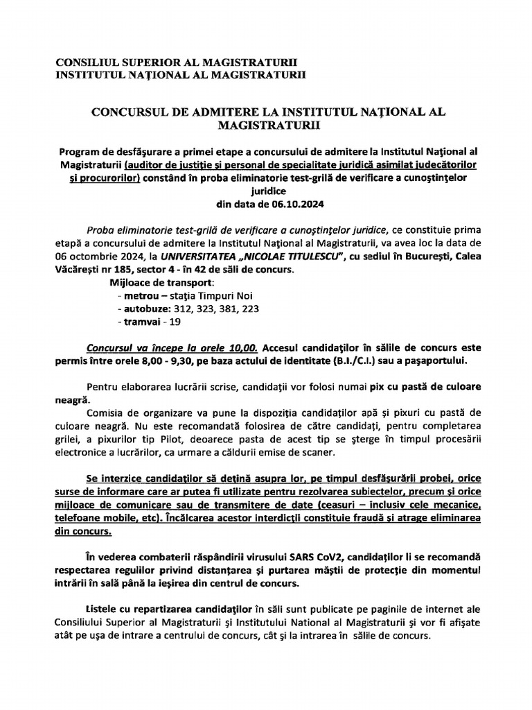 Program de Desfasurare A Probei Scrise de Verificare A Cunostintelor Juridice Din Data de 06.10. ...