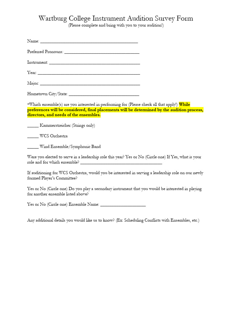 Instrument Audition Survey Form-Please Bring To Audition | PDF