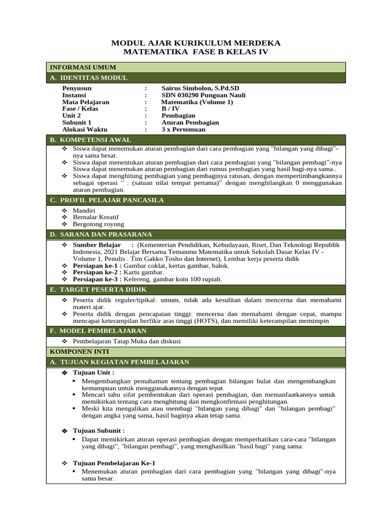 Modul Ajar MTK Unit 2 KLS 4 Sem 1 | PDF