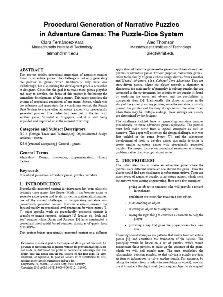 Procedural Generation of Narrative Puzzl | PDF Procedural Generation of Narrative Puzzl | PDF