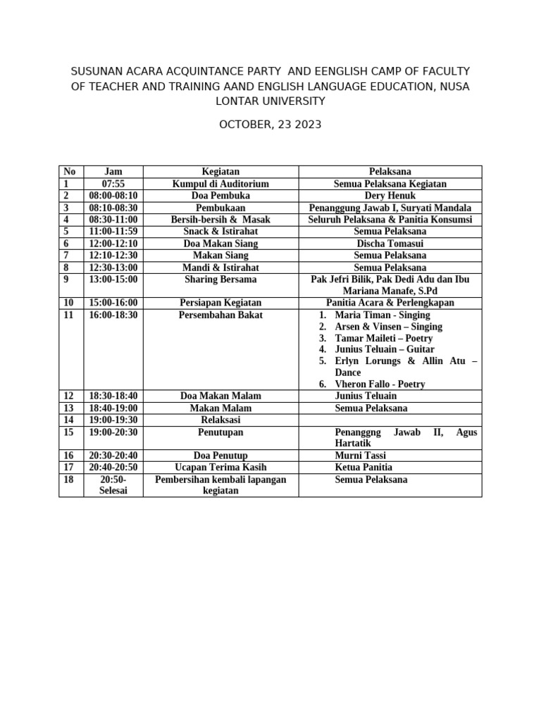 Susunan Acara Acquintance Party and Eenglish Camp of Faculty of Teacher ...